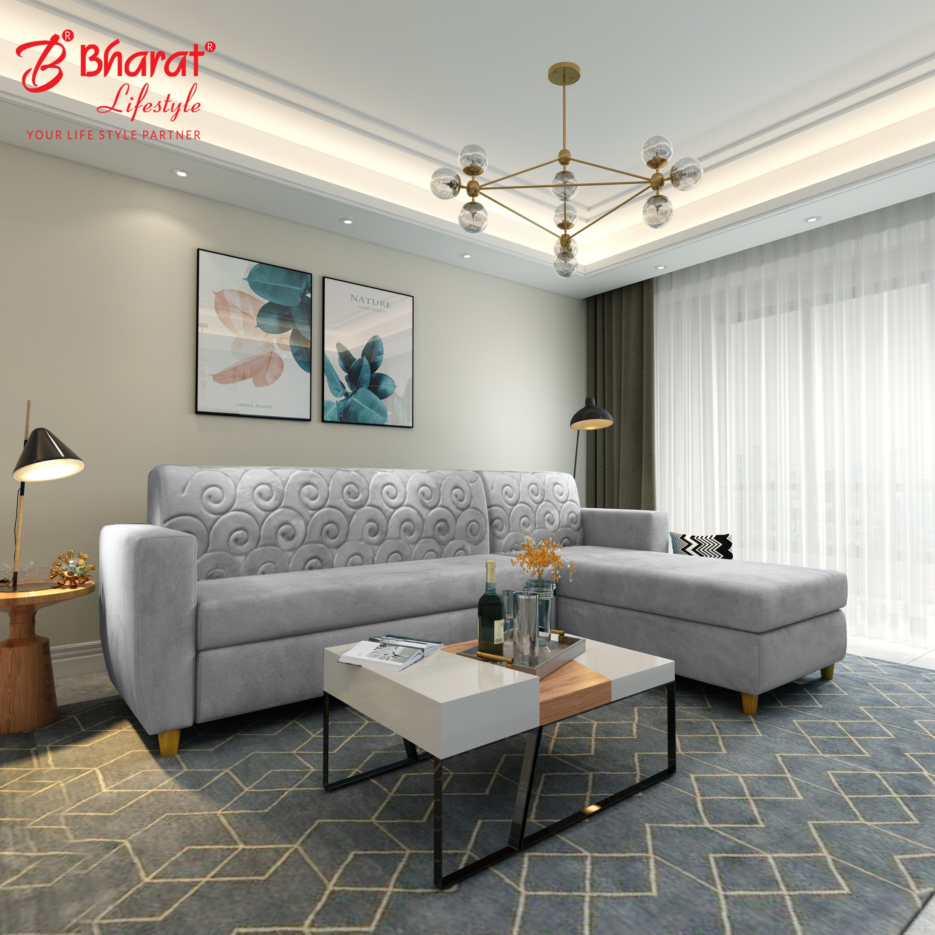 Bharat Lifestyle Zyra L-Shape Fabric 6 Seater Sofa with Left Hand Deew